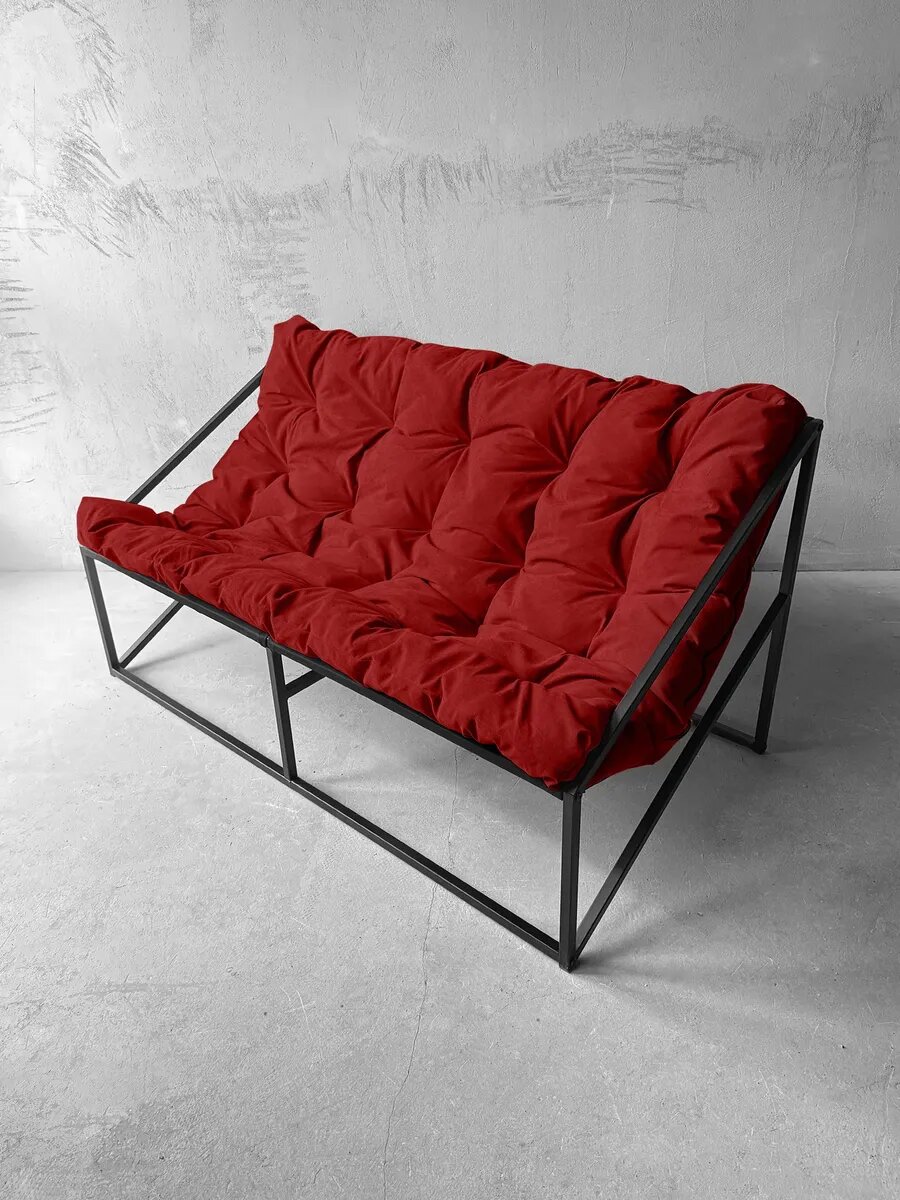 Диван лофт прямой, уличный, в офис, на балкон, на веранду, в гостинную, кухонный, минимализм, Слэш + велюр красный