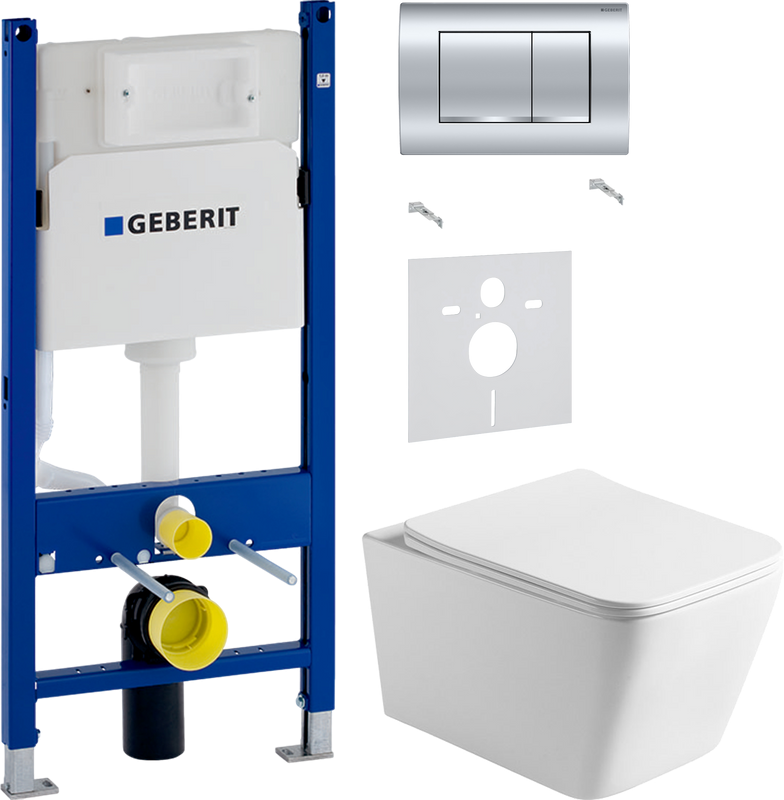 Комплект Унитаз подвесной Vincea Q-Line VT1-12 белый + Звукоизоляция Geberit + Инсталляция Duofix Delta 458.163.21.1 с кнопкой смыва, хром