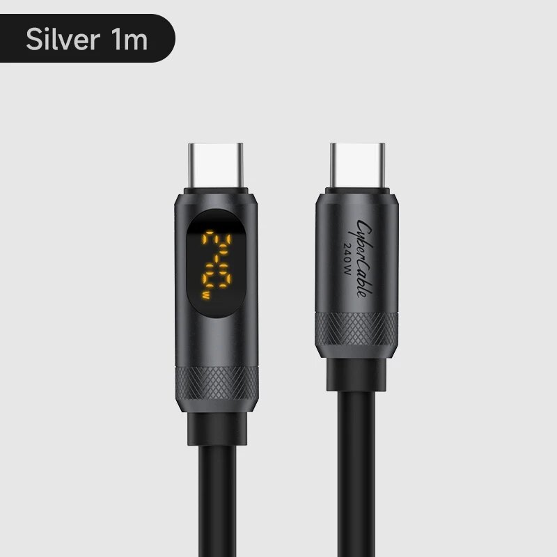 Кабель Hagibis USB C со светодиодным дисплеем типа C — C Кабель для быстрой зарядки PD 240 Вт Силиконовый зарядный кабель для iPhone 16 Macbook Pro Air, Silver-1m