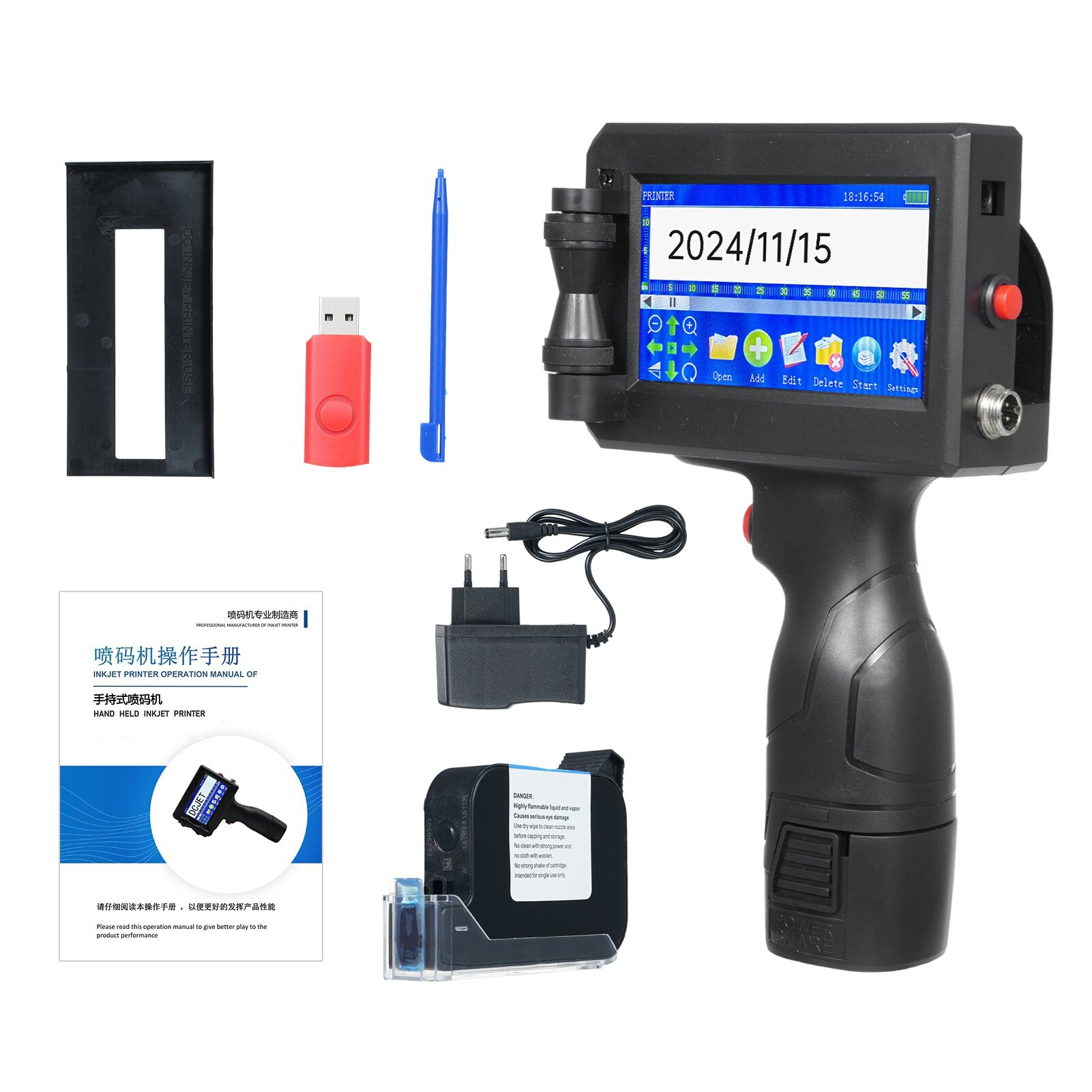 Ручной портативный струйный принтер, 4.3-дюймовый сенсорный экран, быстросохнущие чернила, EU Plug