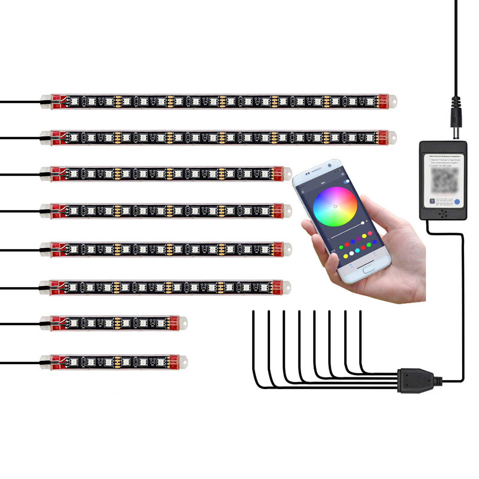 Комплект из 8 светодиодных мотоциклетных фонарей, разноцветные светодиодные ленты с управлением через приложение, водонепроницаемость IP65, регулировка яркости, подключение по Bluetooth 5.0, синхронизация с музыкой.