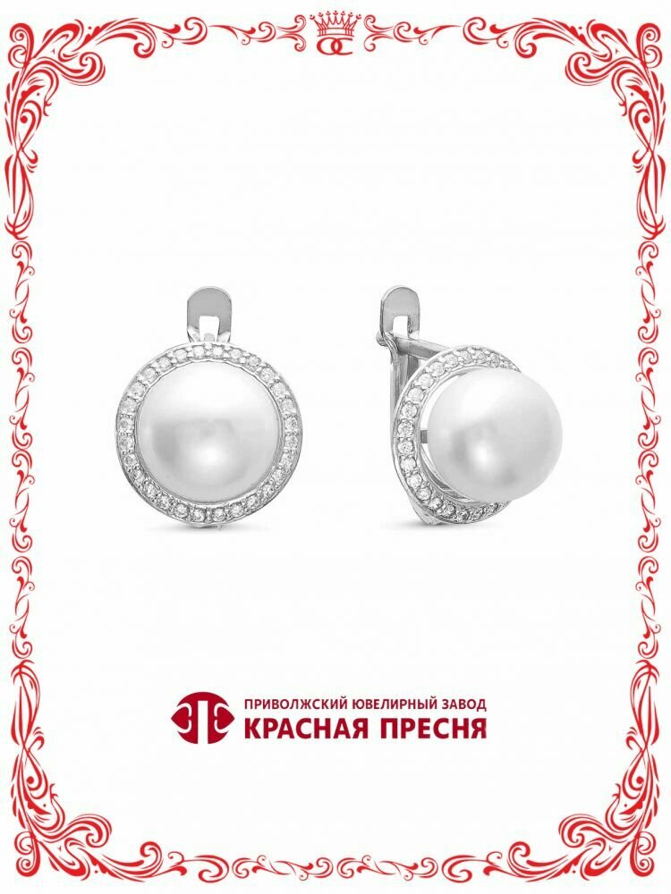 Серьги, серебро, 925 проба, родирование, жемчуг культивированный, фианит