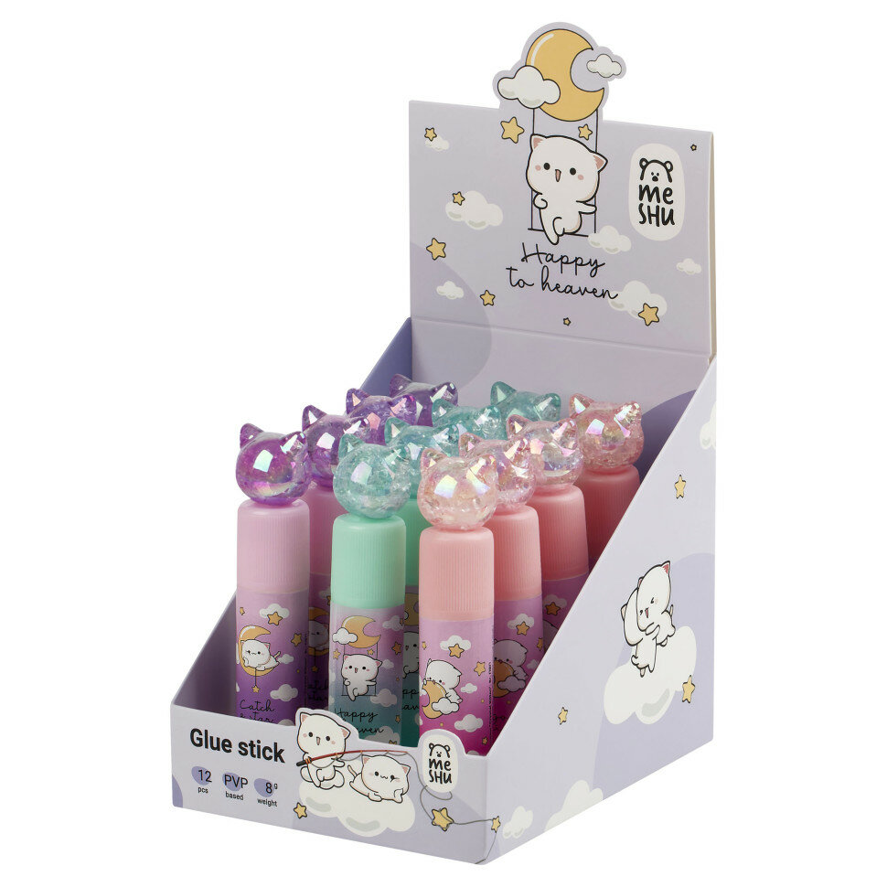 Клей-карандаш MESHU с топпером "Crystal Kitten", 8г, дисплей бокс, ПВП, ассорти, 12 штук, 378646