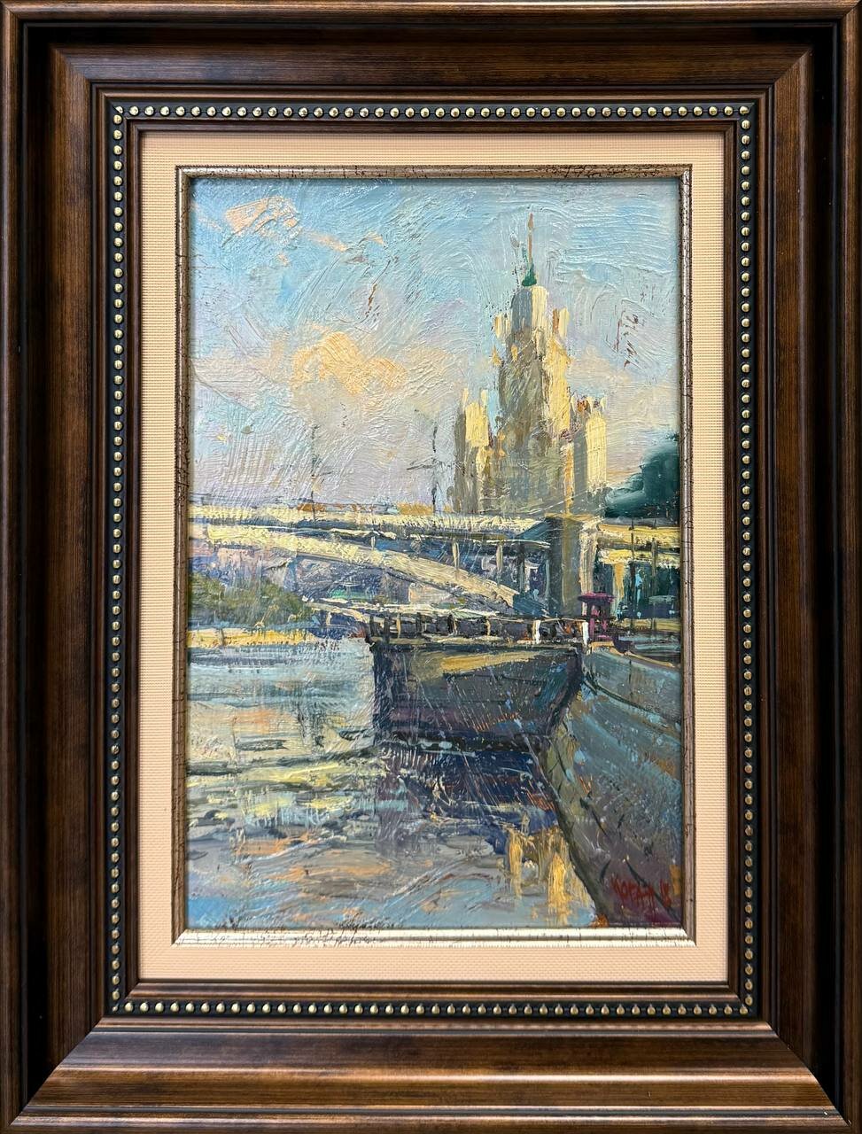 Картина маслом на мдф, городской пейзаж "Вид на высотку на Котельнической", 2018 г, 30х20 см. Автор Коган Борис