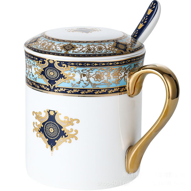 Элегантная керамическая кружка с крышкой и ложкой – 350 мл, роскошный золотой и синий цветочный дизайн, золотая ручка, чайная чашка с подходящей ложкой