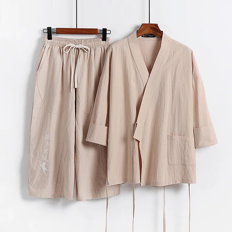 Мужское кимоно из хлопка и льна, бежевое, 9XL