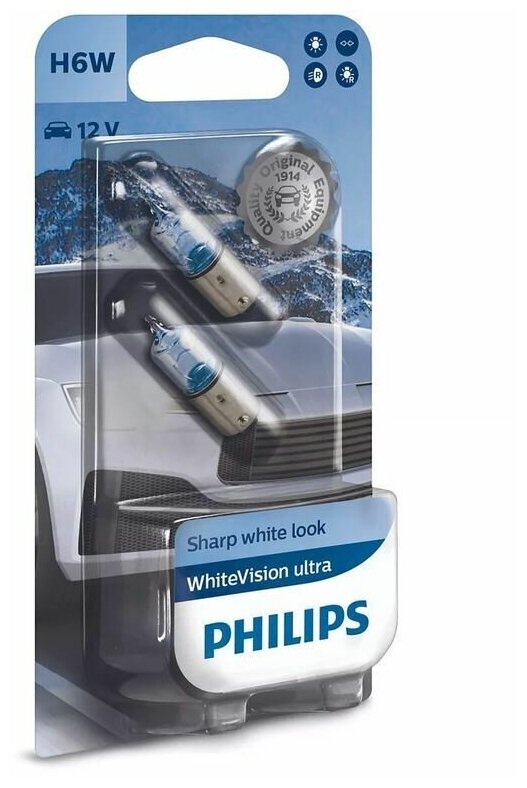 Автолампа H6W (BAX9s) WhiteVision ultra 3100K (блистер, 2шт) 12V PHILIPS