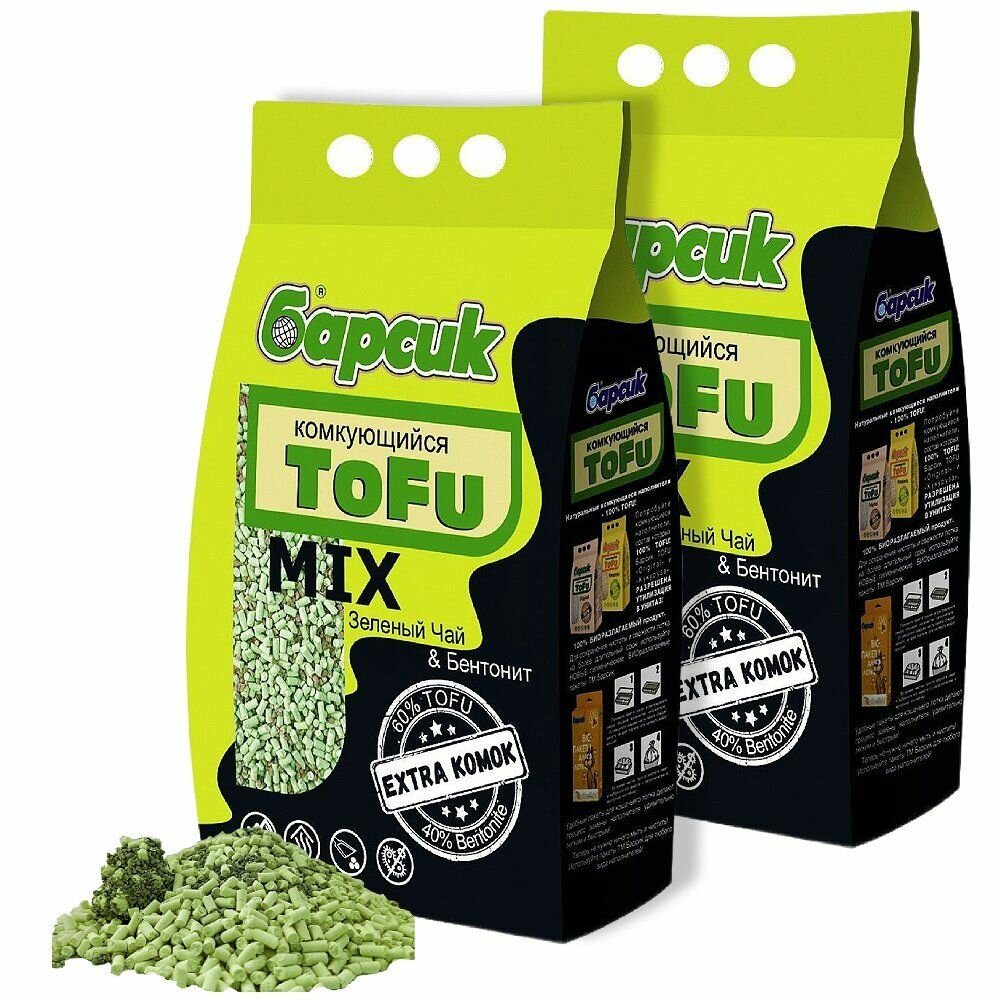 Наполнитель Барсик TOFU MIX зеленый чай + бентонит комкующийся 4,54л - 2 упаковки