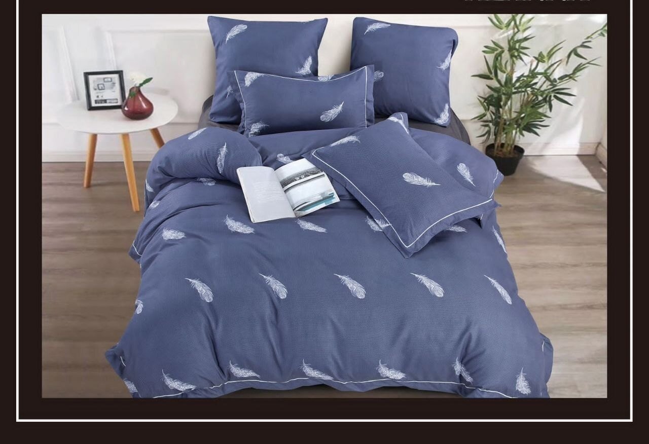 Комплект постельного белья ALANNA Комфорт Евро -Сине-белый-Перья/Пододеяльник-200-220 см. / Простыня - 220-240 см./ 4шт. Наволочки- 50х70 см.-2шт, 70-70-2шт.