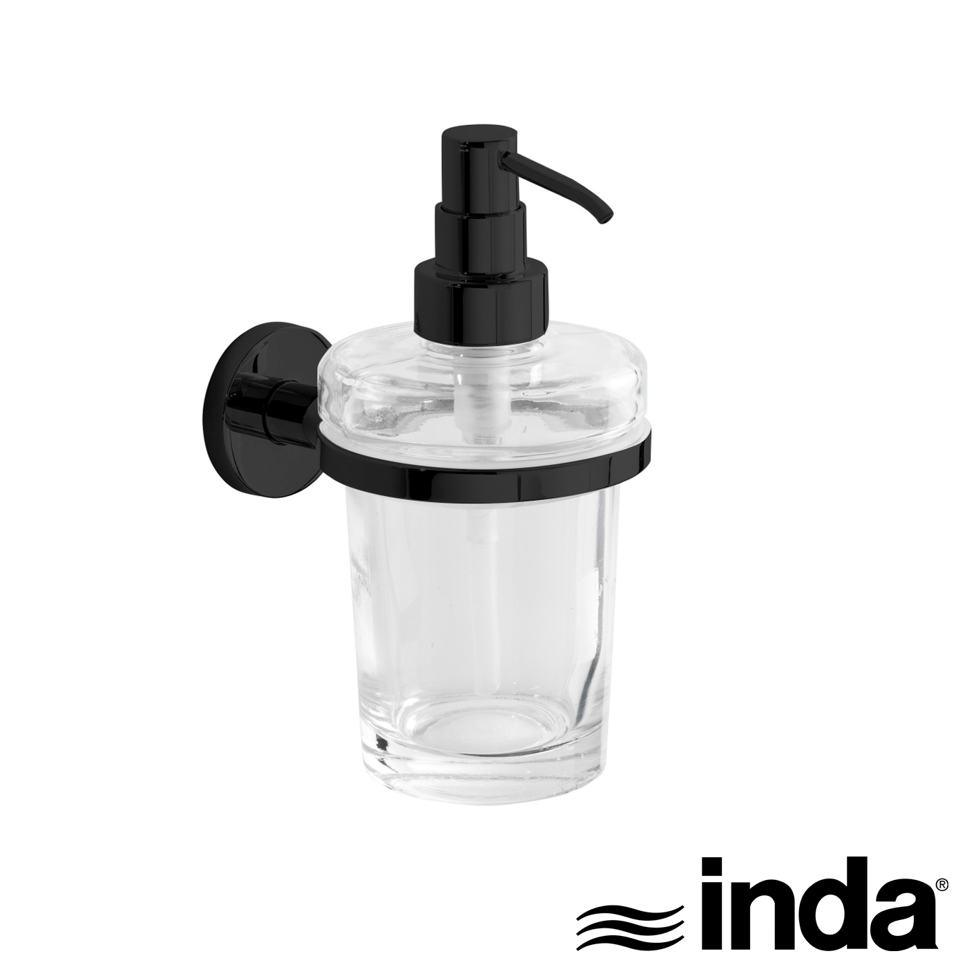 Дозатор для мыла INDA ONE A24120NE03, настенный, цвет держателя черный матовый, дозатор экстра прозрачное стекло и черный матовый