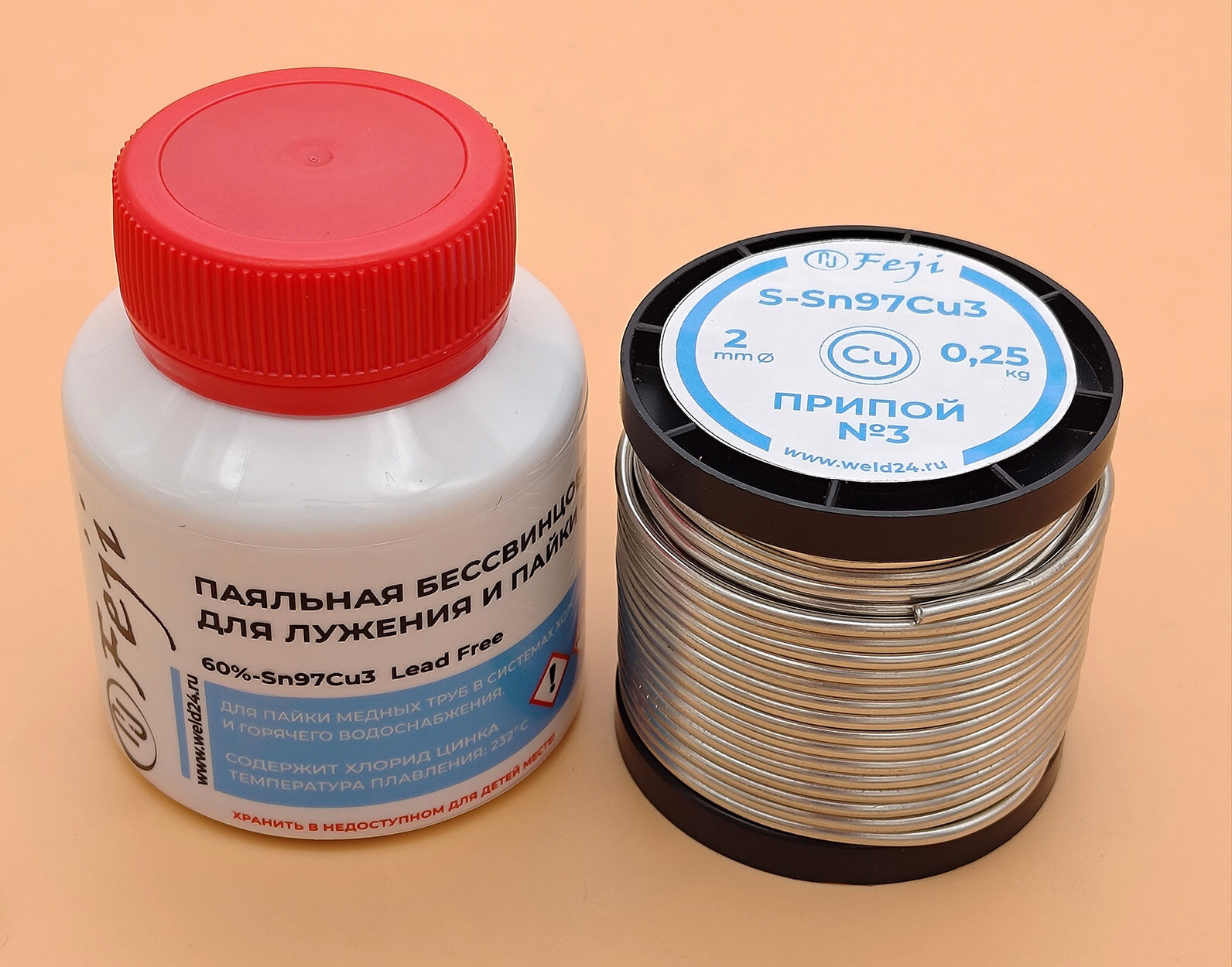 Набор для лужения и пайки №3 (паста №3 Sn97Cu3 250 грамм+припой №3 d2мм Sn97Cu3 250 грамм) Feji