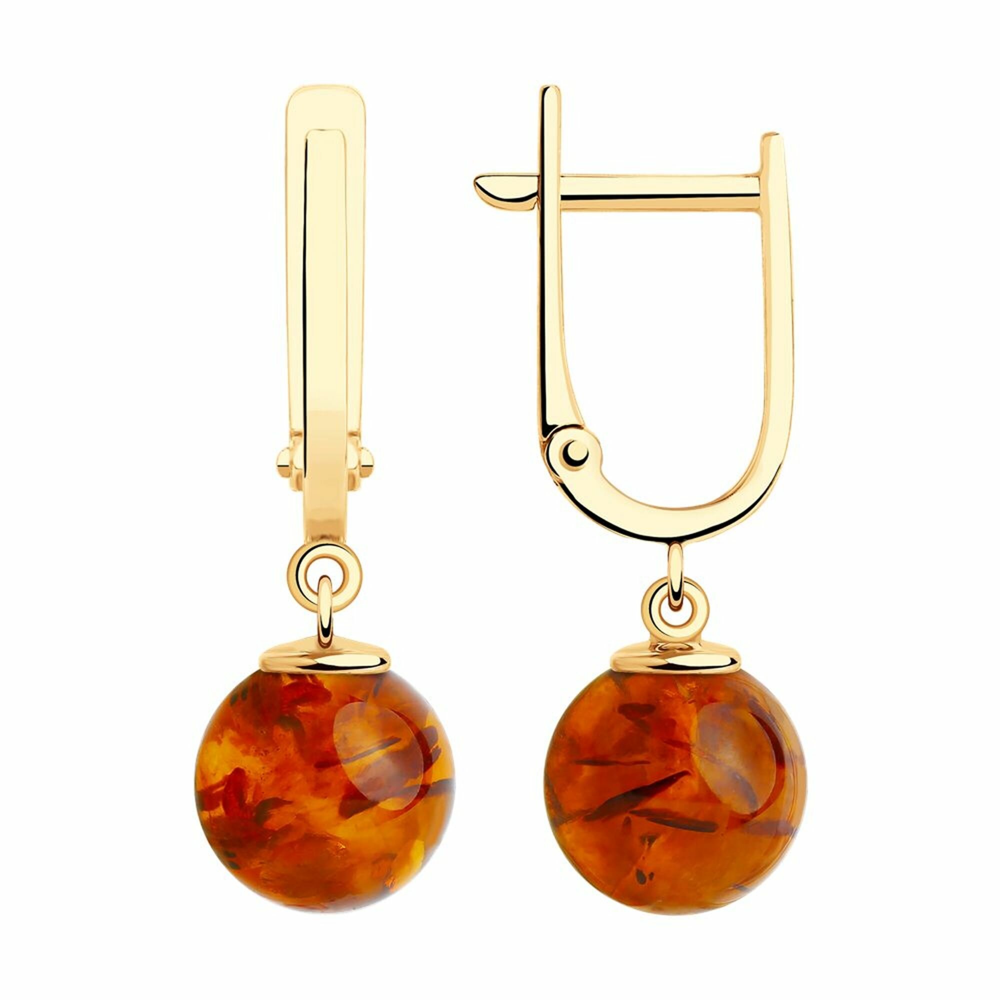 Серьги, красное золото, 585 проба, янтарь