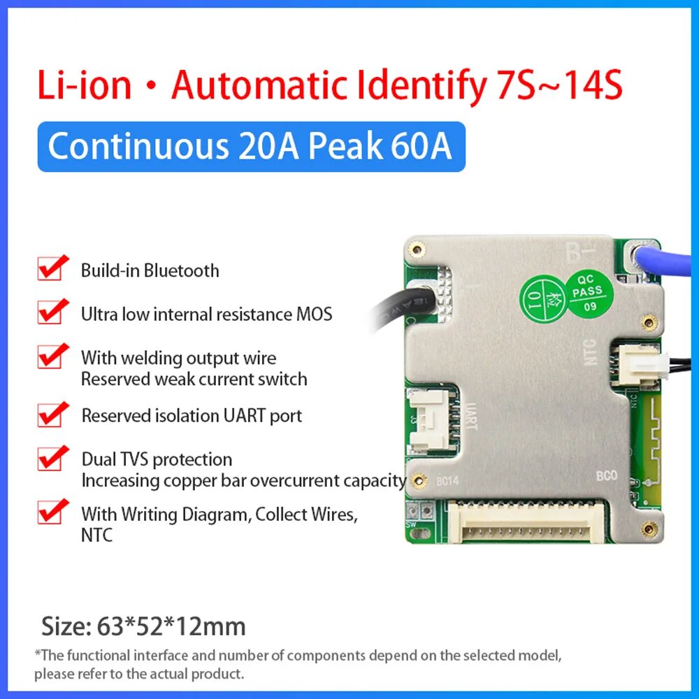 Li-ion BMS 7S-14S 20A 60A, 3.7V NMC