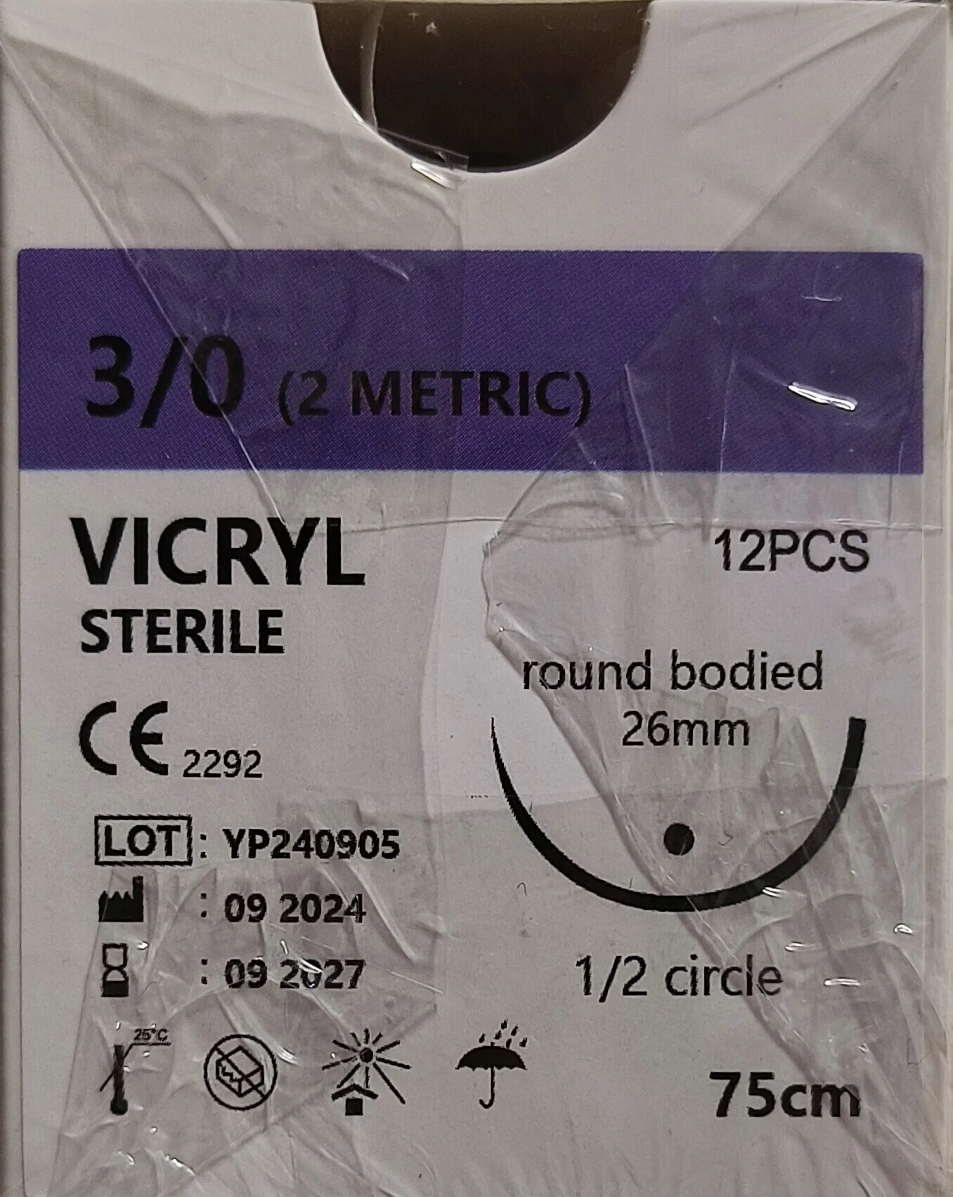 Vicryl 3/0 (2 Metric) 12шт, 26мм, 1/2 circle, Синий