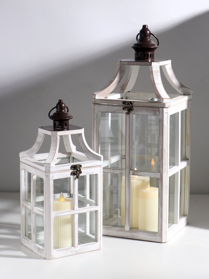 Деревянный подсвечник-фонарь на 1 свечу «Веранда», набор 2 шт, белый состаренный, 35×15×15 см; 53×20×20 см