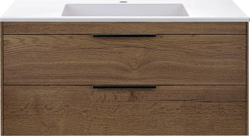 Тумба с раковиной Vincea Chiara 2D подвесная, 100 см, темное дерево, матовая, из ЛДСП, с ящиками, раковина для ванной, из искусственного камня, прямоугольная, лофт