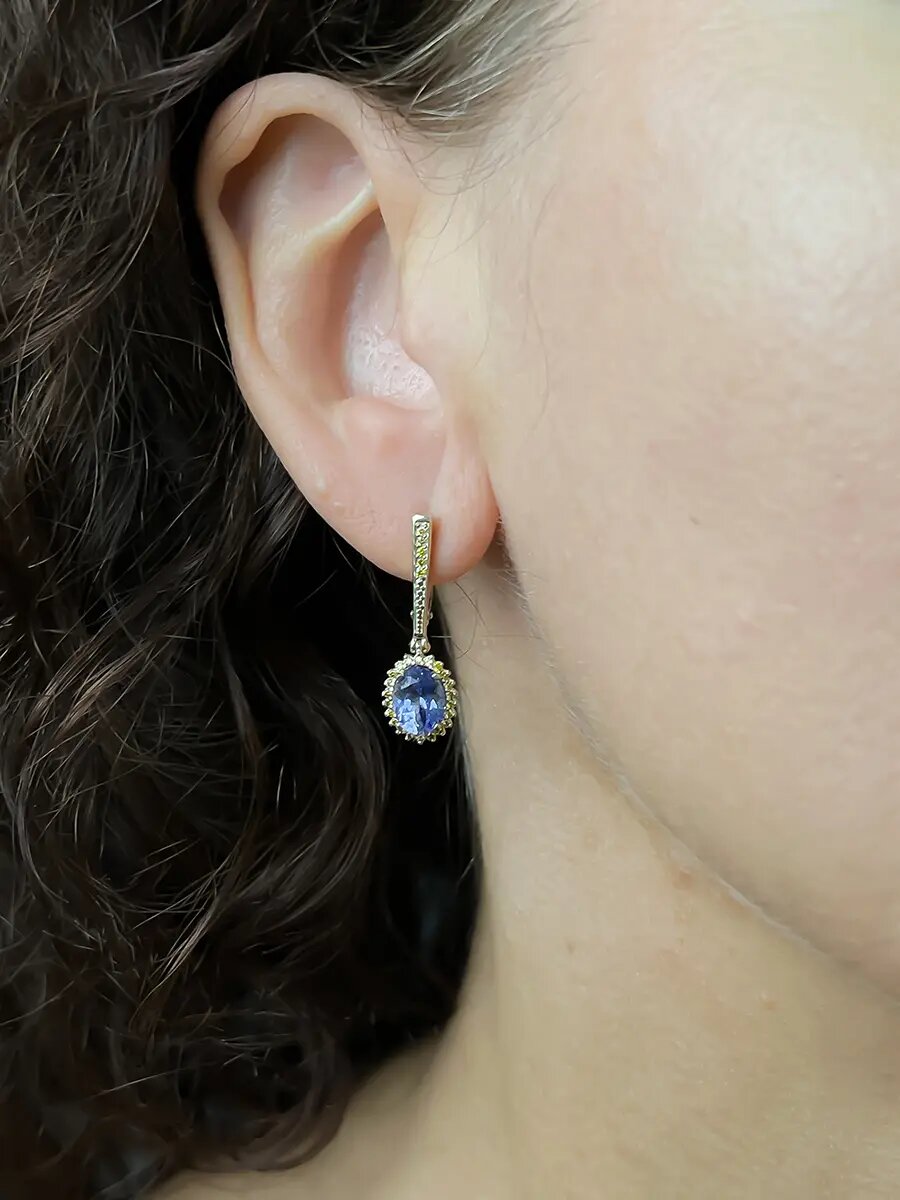 Серьги, желтое золото, 375 проба, бриллиант, танзанит