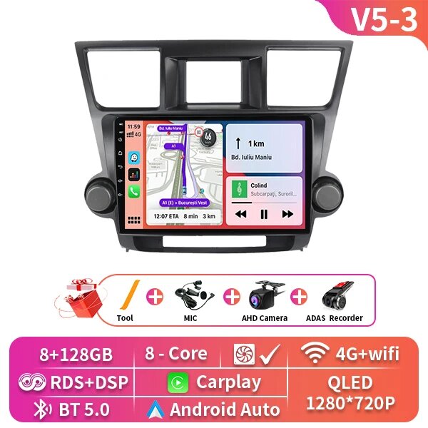 Android 16 для Toyota Highlander 2 XU40 2007 2008 2009 2010 2011 2012 2013, V5-3 8 128GB