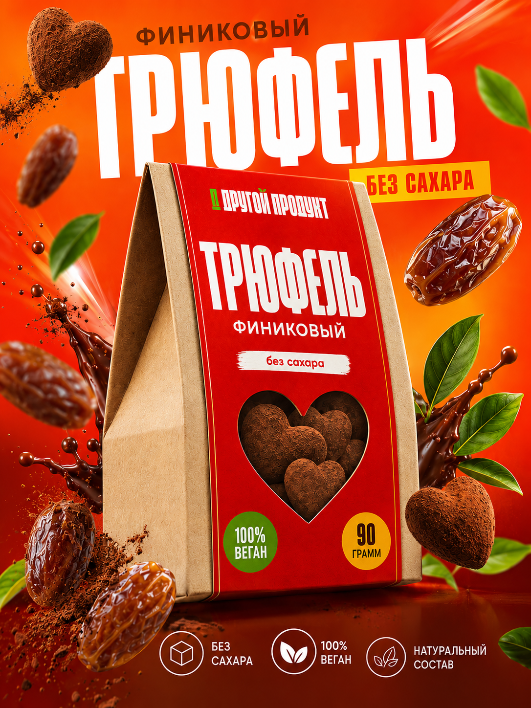 Конфеты Другой продукт Трюфель финиковый, без сахара, без глютена, без искусственных добавок, 70г