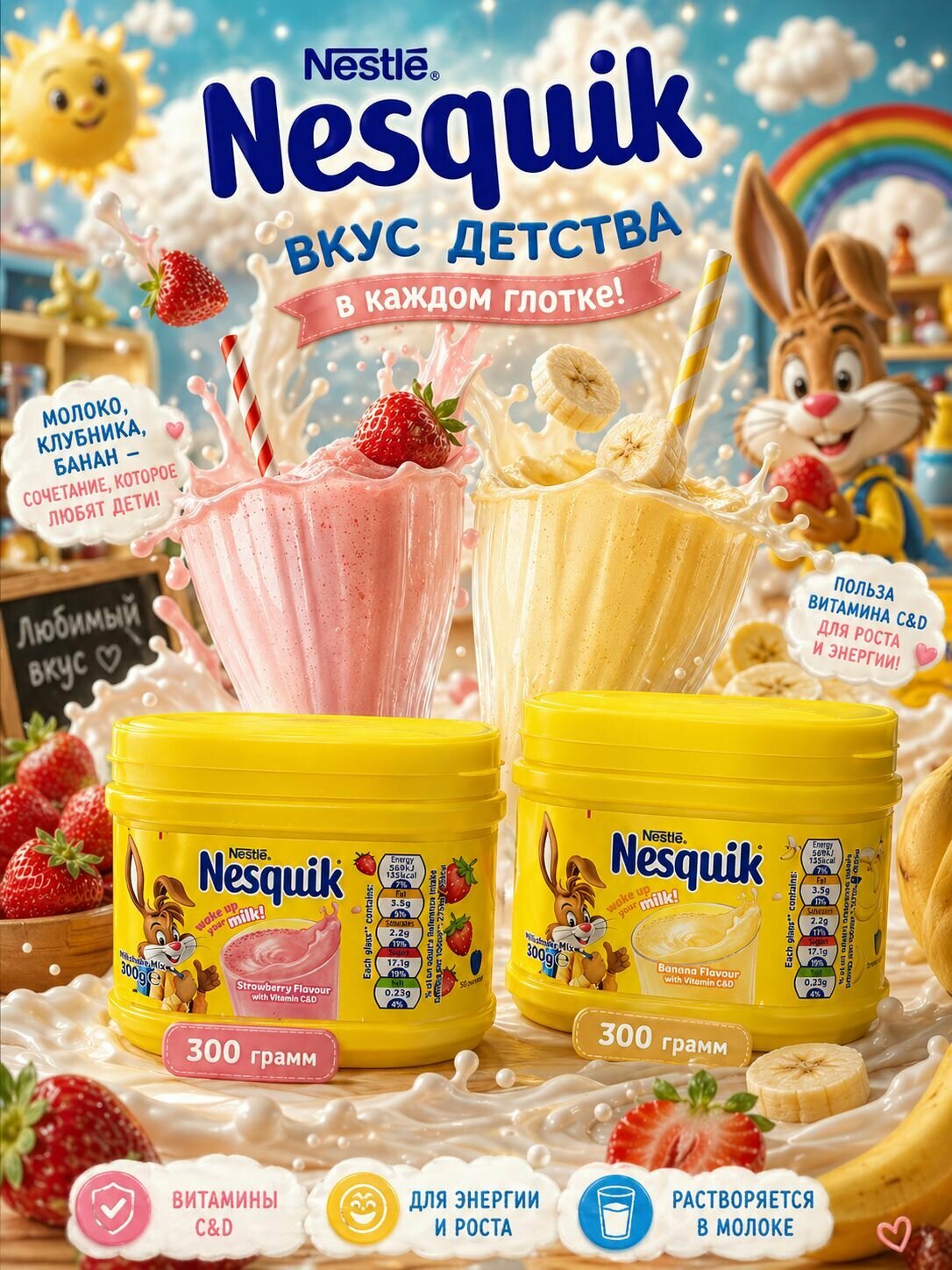 Несквик клубничный банановый коктейль 600гр