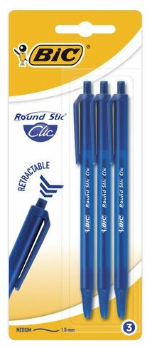 Ручки шариковые автоматические BIC "Round Stic Clic", набор 3 шт, синие, линия письма 0,32 мм, блистер, 926374