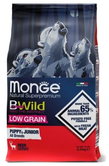 Корм сухой Monge Dog BWild LOW GRAIN Puppy & junior для щенков, низкозерновой, из мяса оленя 2,5 кг