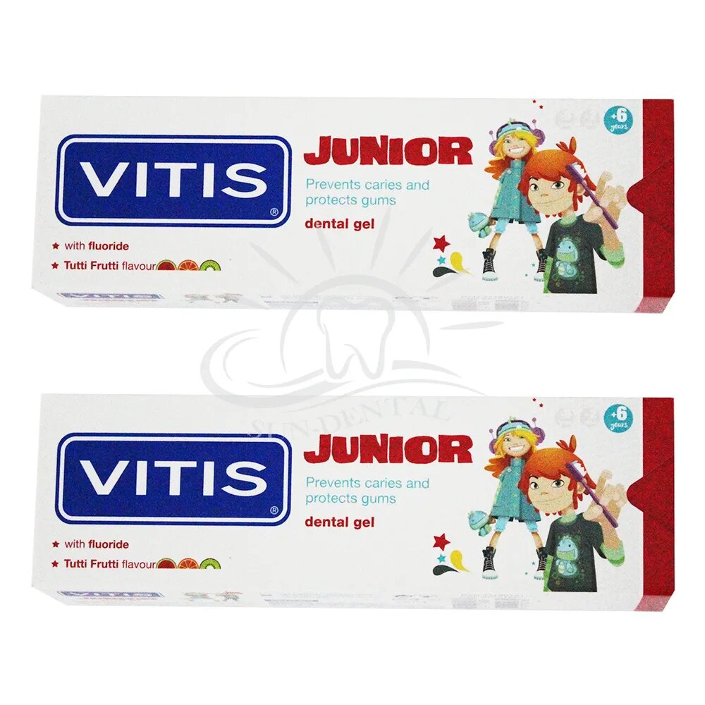 Комплект детских зубных паст Vitis Junior тутти-фрутти со фтором (1450ppm), 2шт