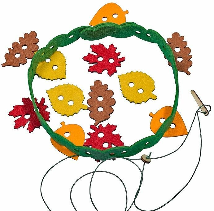 Развивающая игра-шнуровка из фетра "Венок из листьев", развитие мелкой моторики рук и координации движений, игровой набор из деревянных элементов, игрушка для малышей по методике Монтессори