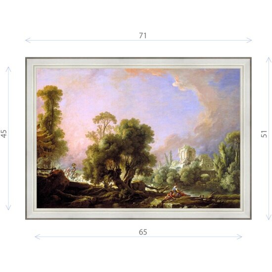 Картина Декор Депо Франсуа Буше Пасторальный пейзаж с девочкой, удящей рыбу Матовая бумага в раме без стекла 51х71 см