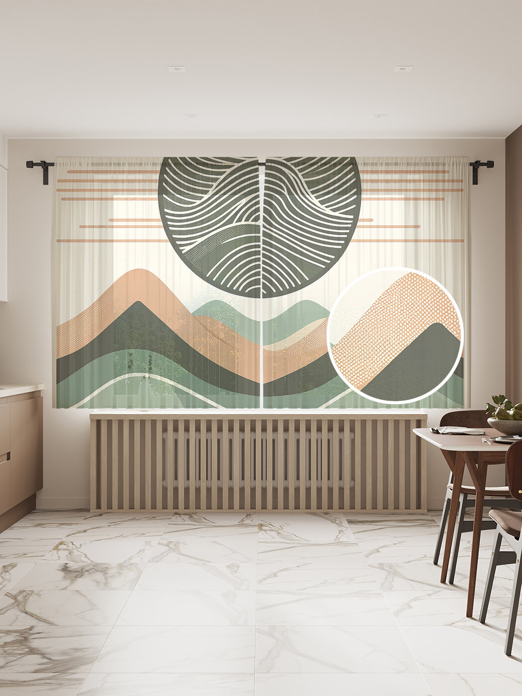 Тюль, фототюль короткий "Солнце горы" высота 180 см, ширина 145 см (по 2 полотна), JoyArty