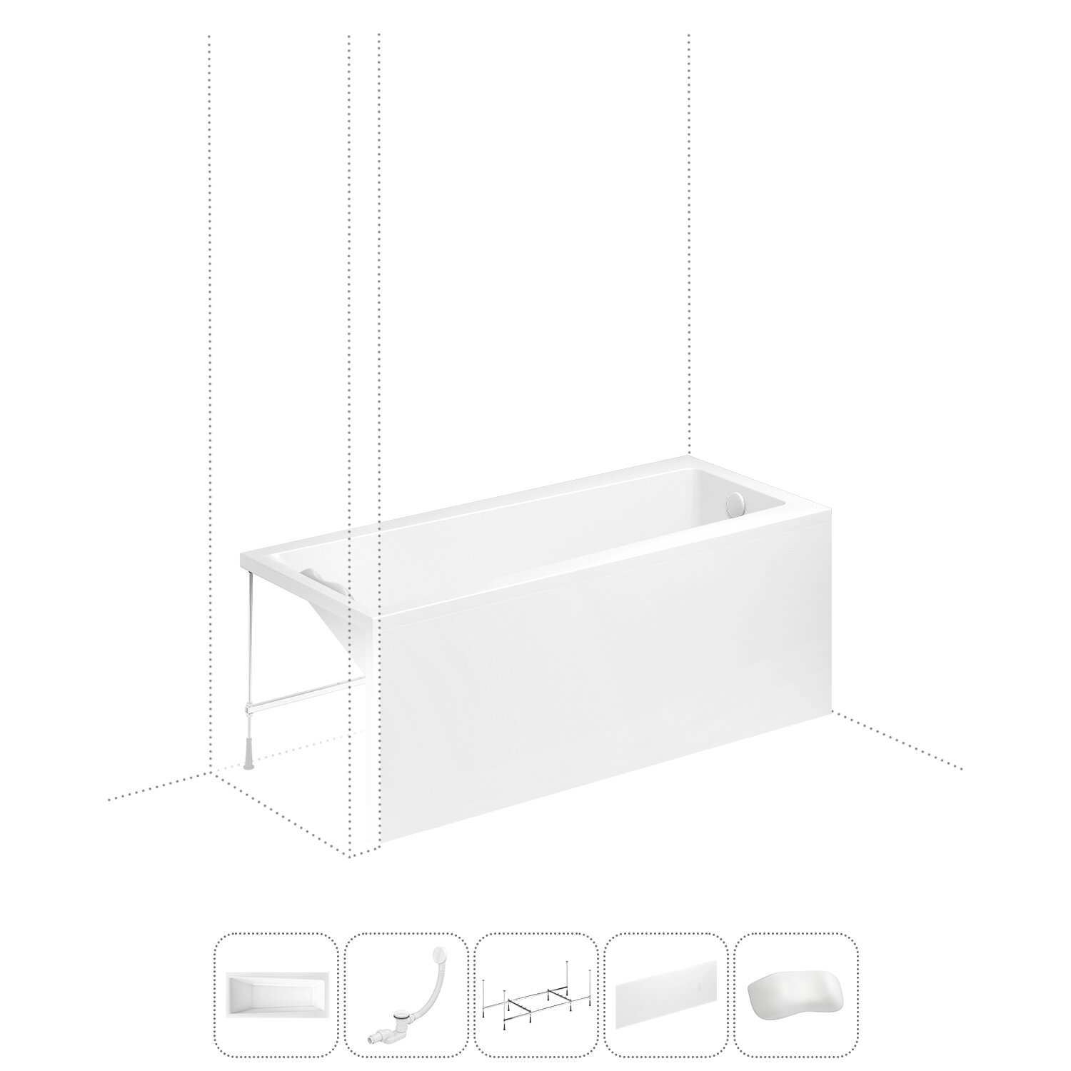 Акриловая ванна 170x75 с каркасом и экраном Lavinia Boho Rock 202011678 в наборе 5 в 1: прямоугольная ванна 170 x 75 см, слив-перелив, каркас, экран, подголовник