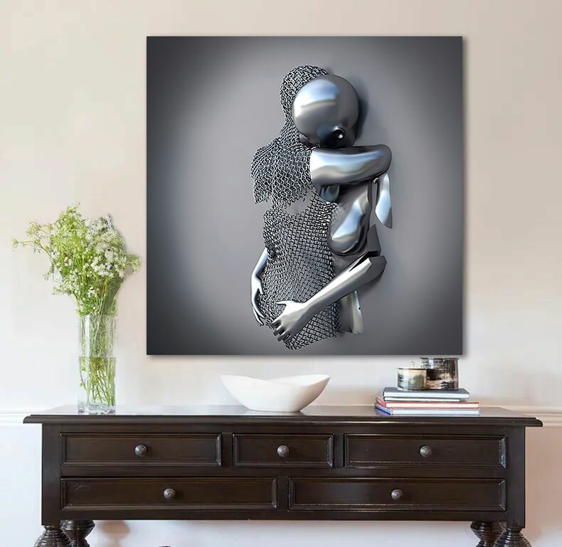 Картина в спальню, мужчина и девушка, Металлическая любовь, 70х70 см.