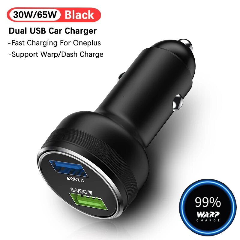 Автомобильное зарядное 65W Black, Dual USB, Warp/Dash Charge