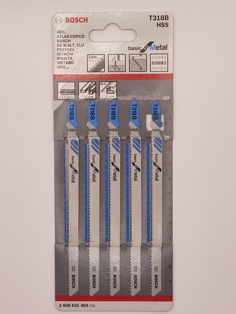 Пилки для лобзиков по металлу T318B HSS (Длина общая - 132мм, рабочая - 106мм) 5 штук Bosch 2608631404 Оригинал