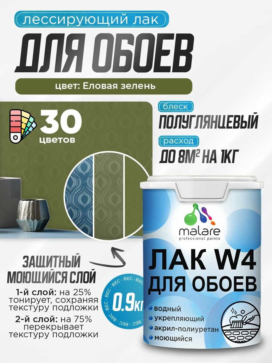 Лак колерованный тонирующий для защиты обоев Malare W4 универсальный для дерева и минеральных поверхностей, водный без запаха быстросохнущий, полуглянцевый, еловая зелень, 0.9 кг.