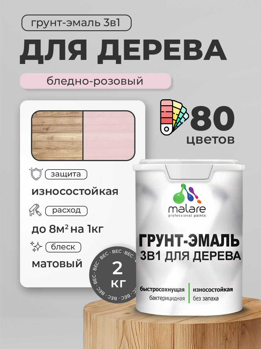 Акриловая Грунт-Эмаль 3 в 1 Malare для деревянных поверхностей/ краска по дереву с антисептическим эффектом/ быстросохнущая моющаяся без запаха матовая, бледно-розовый, 2 кг