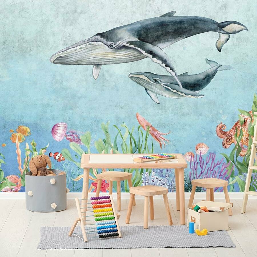 Фотообои Киты на дне моря 12-1920-L-Холст 270 x 400 см (ВхШ) Бесшовные, флизелиновые, влагостойкие обои