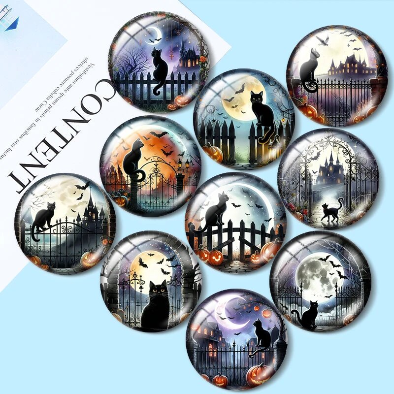 Черные котята стеклянные кабошоны для бижутерии 10 шт. 16 мм, 10PCS-BG3064-mixed