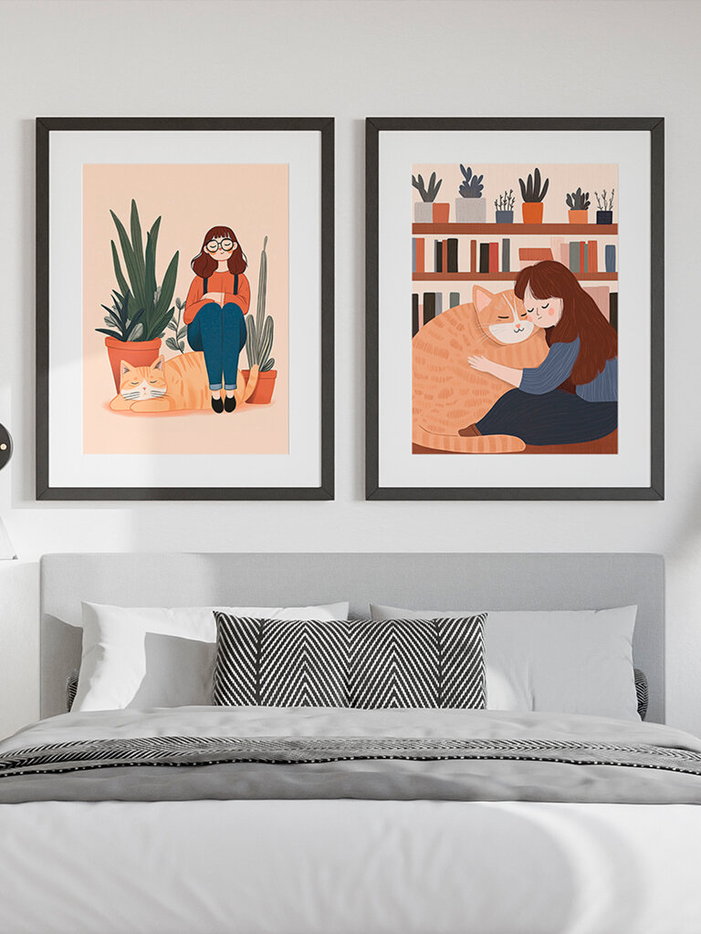 Набор постеров для интерьера MISHKA POSTER "Девушки и котики", 2 шт. А3 / Подарочный набор