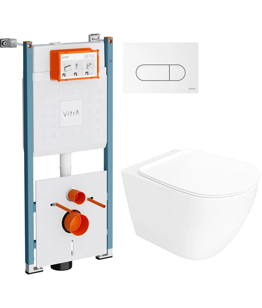 Инсталляция с унитазом комплект 3 в 1 Унитаз подвесной STWORKI Готланд S13401WH безободковый, с микролифтом, глянцевый белый, антивсплеск / Инсталляция VitrA V-Fix Core 732-5800-01PV / Кнопка белая