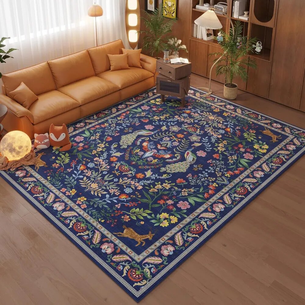 Ковер 200x150 см, синий с цветочным узором, для гостиной, спальни, нескользящий