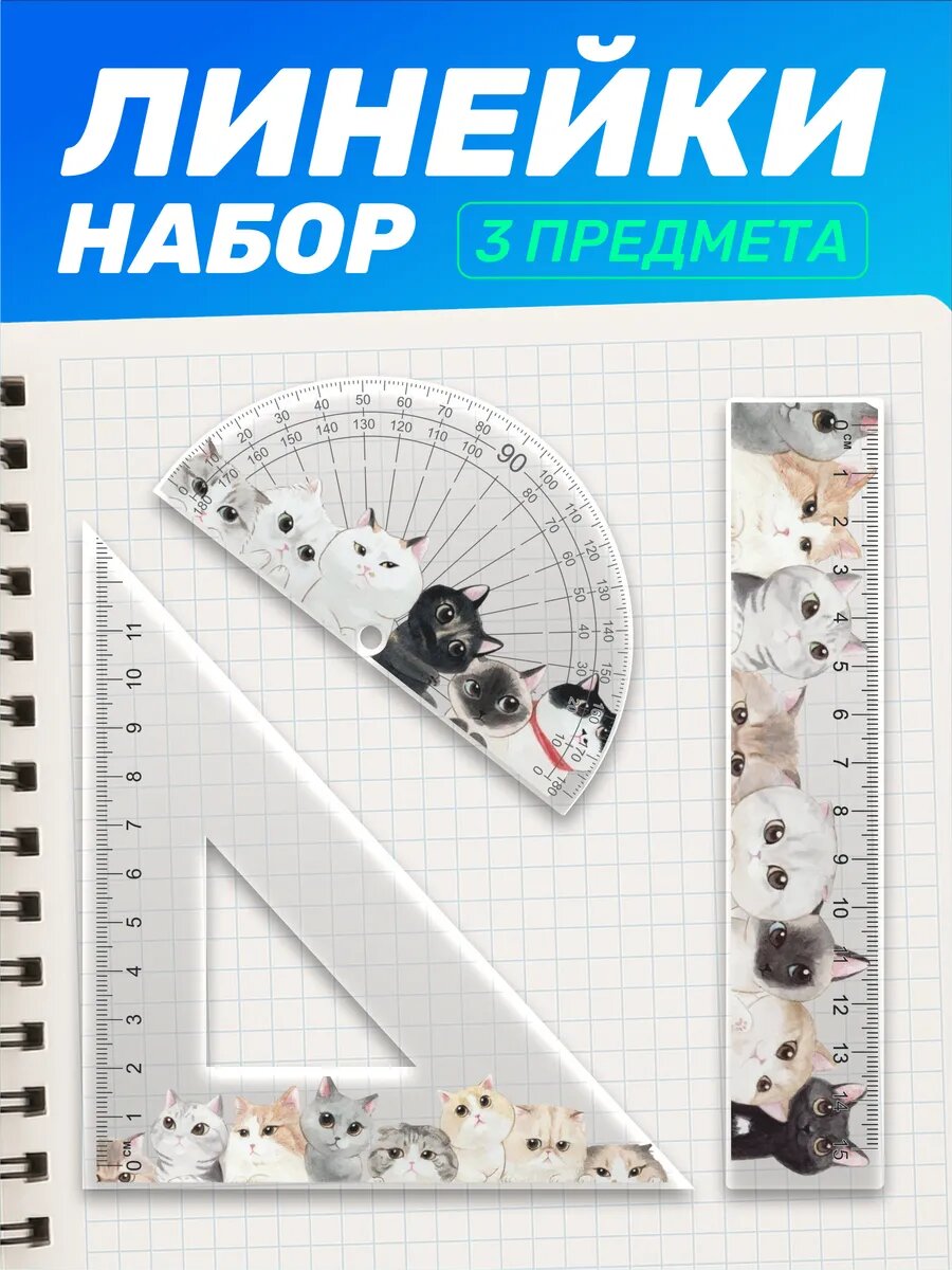 Набор линеек для школьника с транспортиром Котики