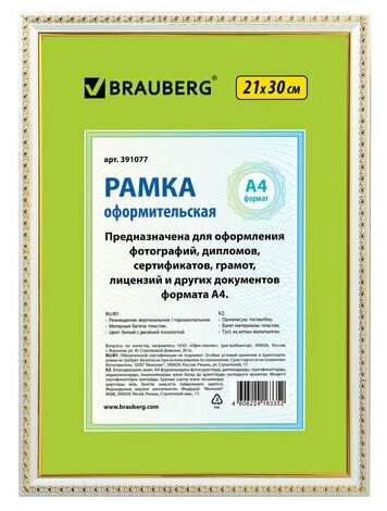 Рамка 21×30 см, пластик, багет 16 мм, BRAUBERG HIT5, белая с двойной позолотой, стекло