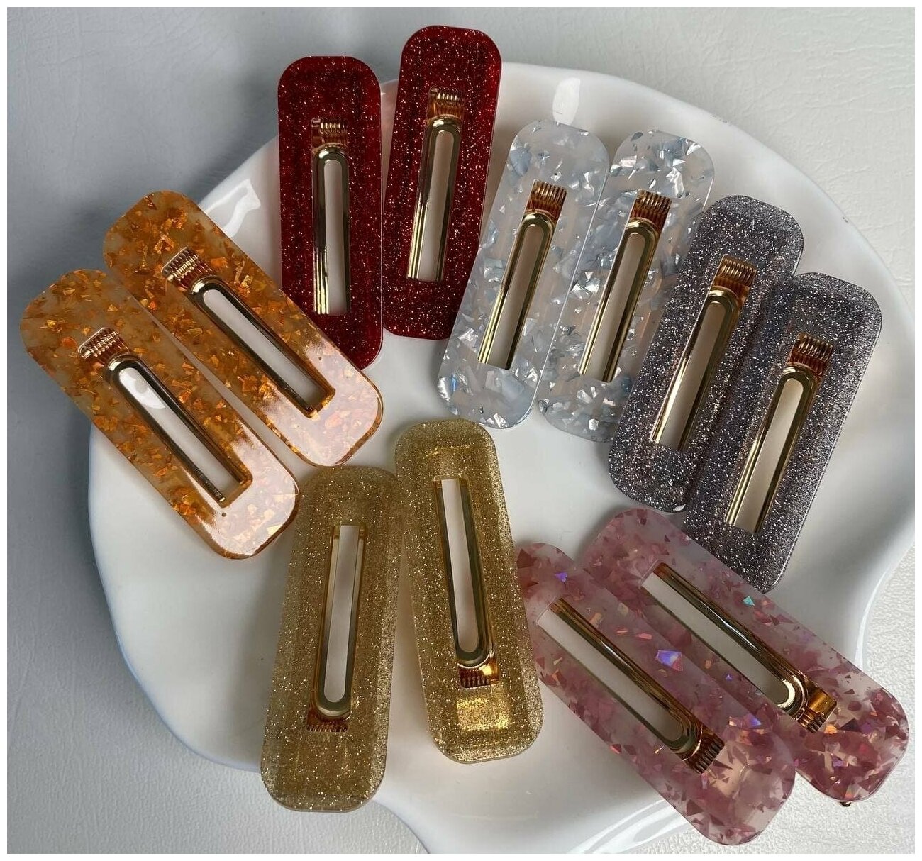 Заколки для волос женские крупные мраморные разноцветные, золотые, блестящие, комплект 12 шт