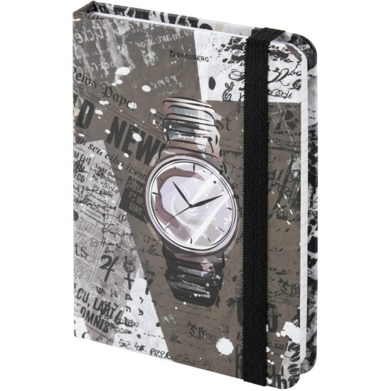 Блокнот Brauberg с резинкой в клетку 96 л, малый формат А6 (109х148 мм), твердая обложка, , "Часы", 113737