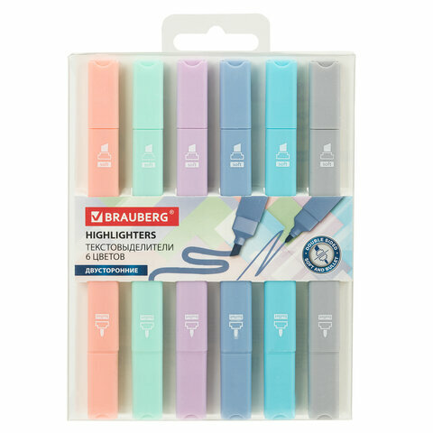 Набор текстовыделителей двусторонних 6 пастельных цветов, BRAUBERG "Macaroon", линия 1-5 мм, 152513