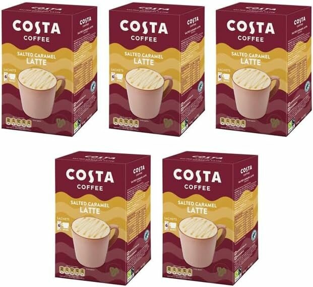 Растворимый кофе Costa Coffee Salted Caramel Latte в пакетиках, 5 упаковок, 30 саше