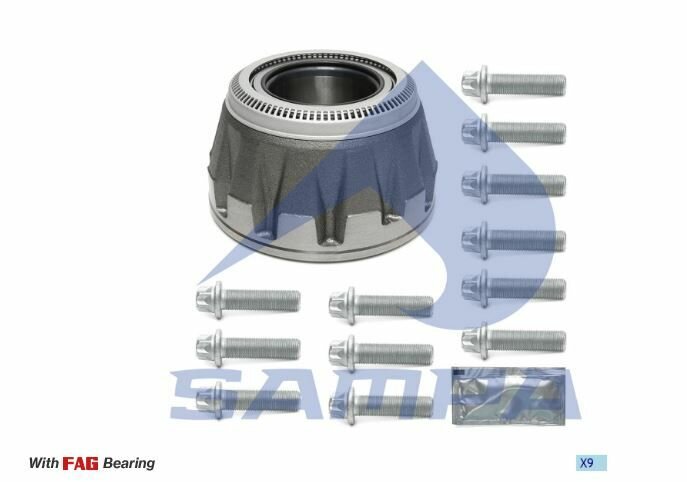 Ступица колеса в сборе SCHMITZ/SAF SKRB 9019/9022 (подшипники FAG, с болтами) 075.598-F SAMPA