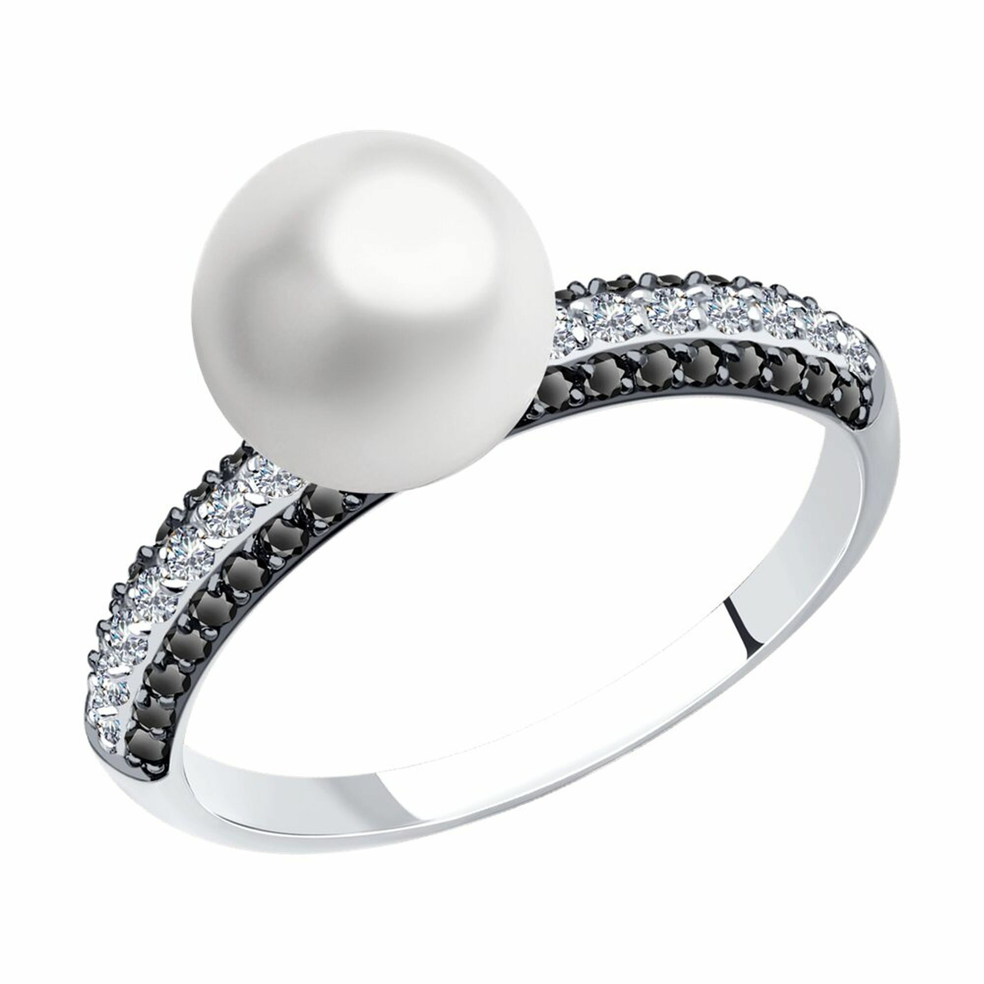 Кольцо, белое золото, 585 проба, фианит, жемчуг