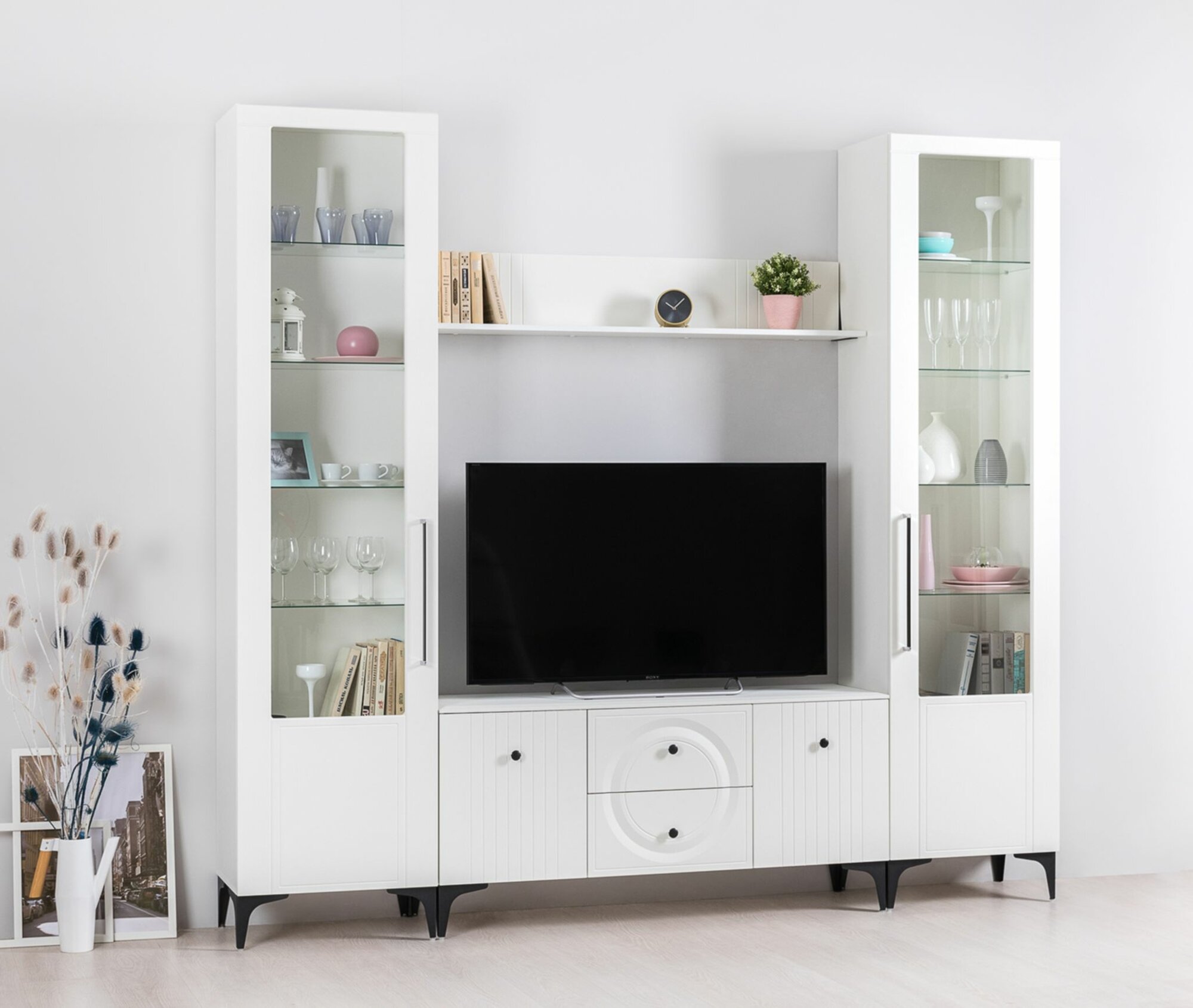 Гостиная мебель Моби Валенсия №62 белый шагрень МДФ, размер 243,1х38,3х225,2 см